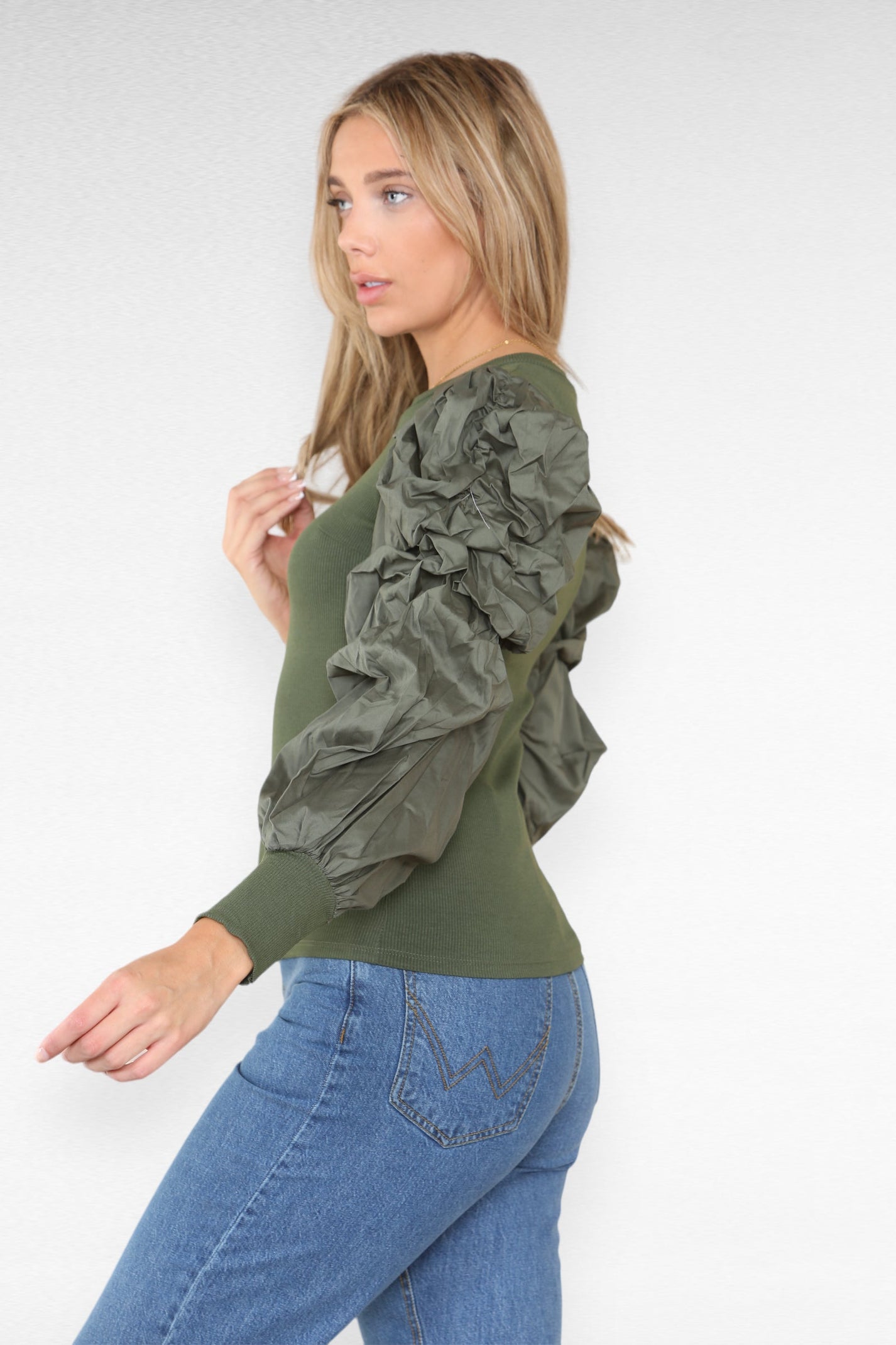 Oversized Puff Sleeves Ribbed Top