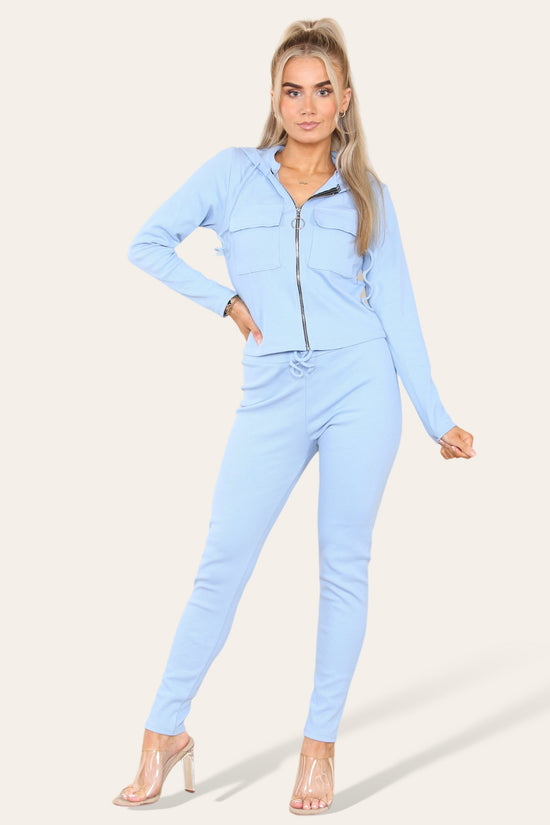 Front Pocket Zip Suit Ribbed Hooded Lounge Wear Set - Multi Trends ...