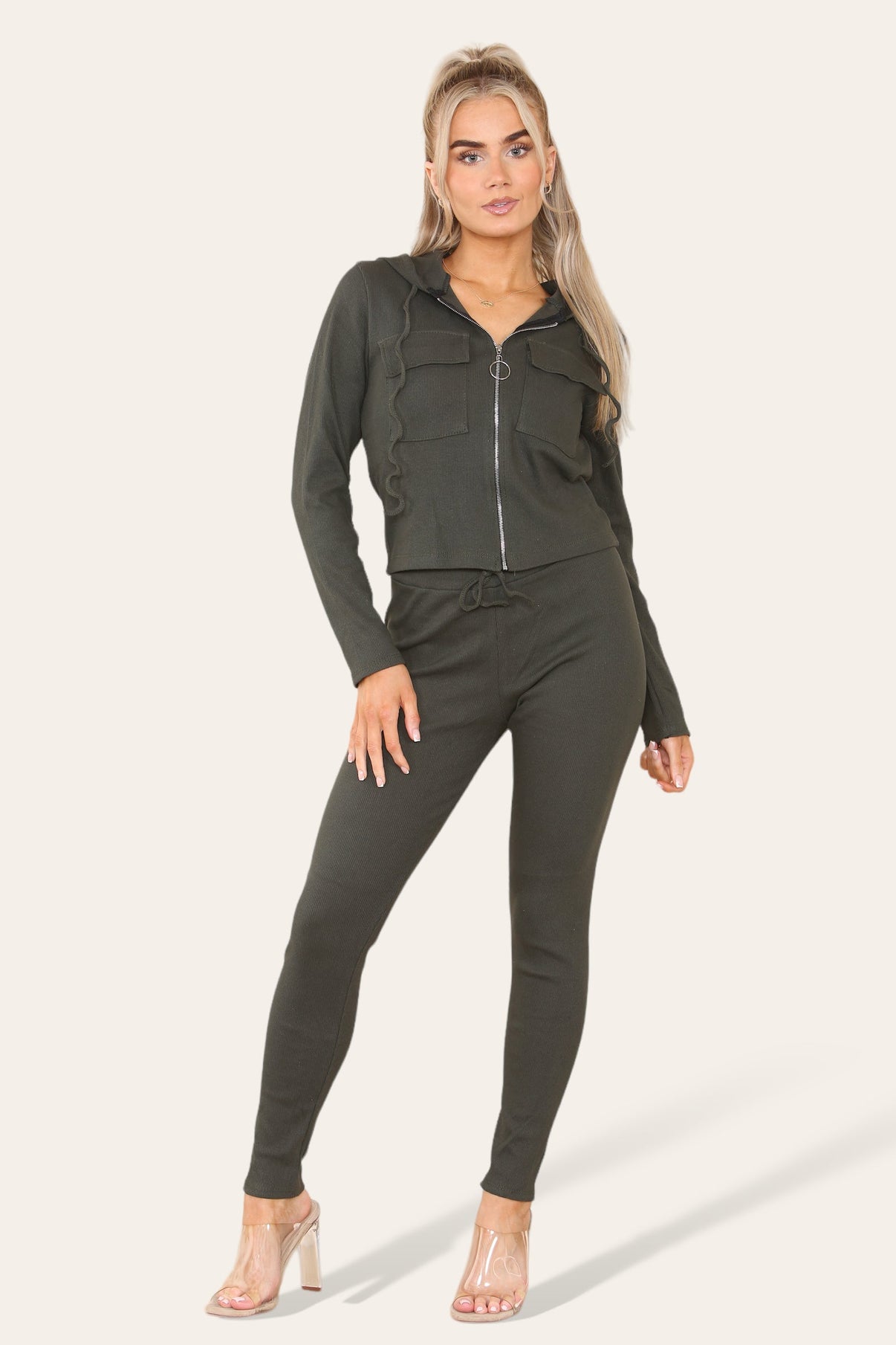 Front Pocket Zip Suit Ribbed Hooded Lounge Wear Set - Multi Trends ...