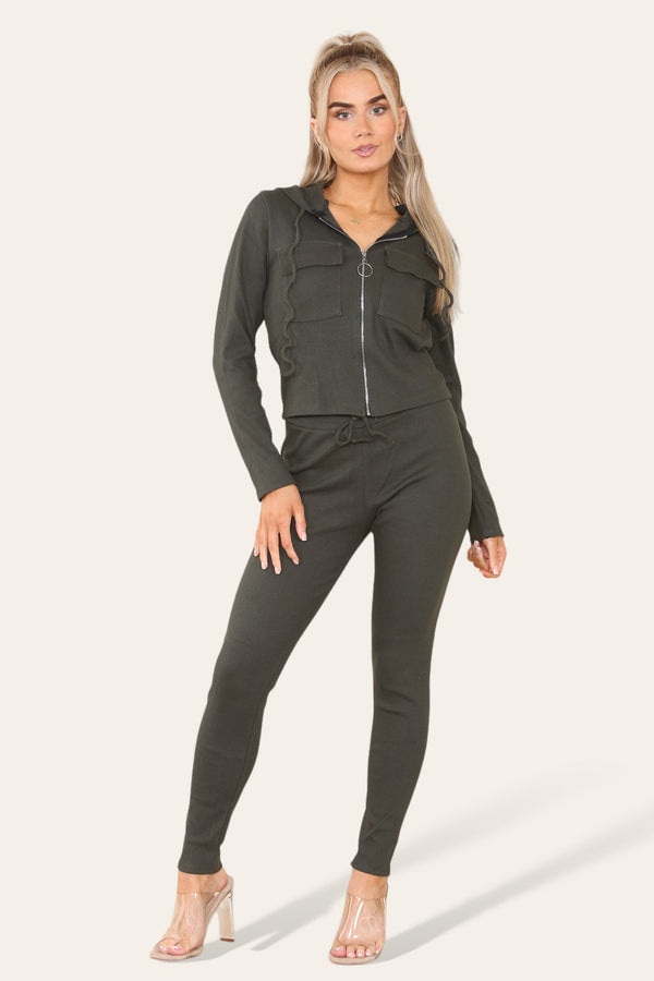 Front Pocket Zip Suit Ribbed Hooded Lounge Wear Set - Multi Trends ...