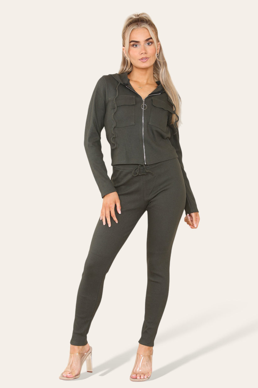 Front Pocket Zip Suit Ribbed Hooded Lounge Wear Set - Multi Trends ...